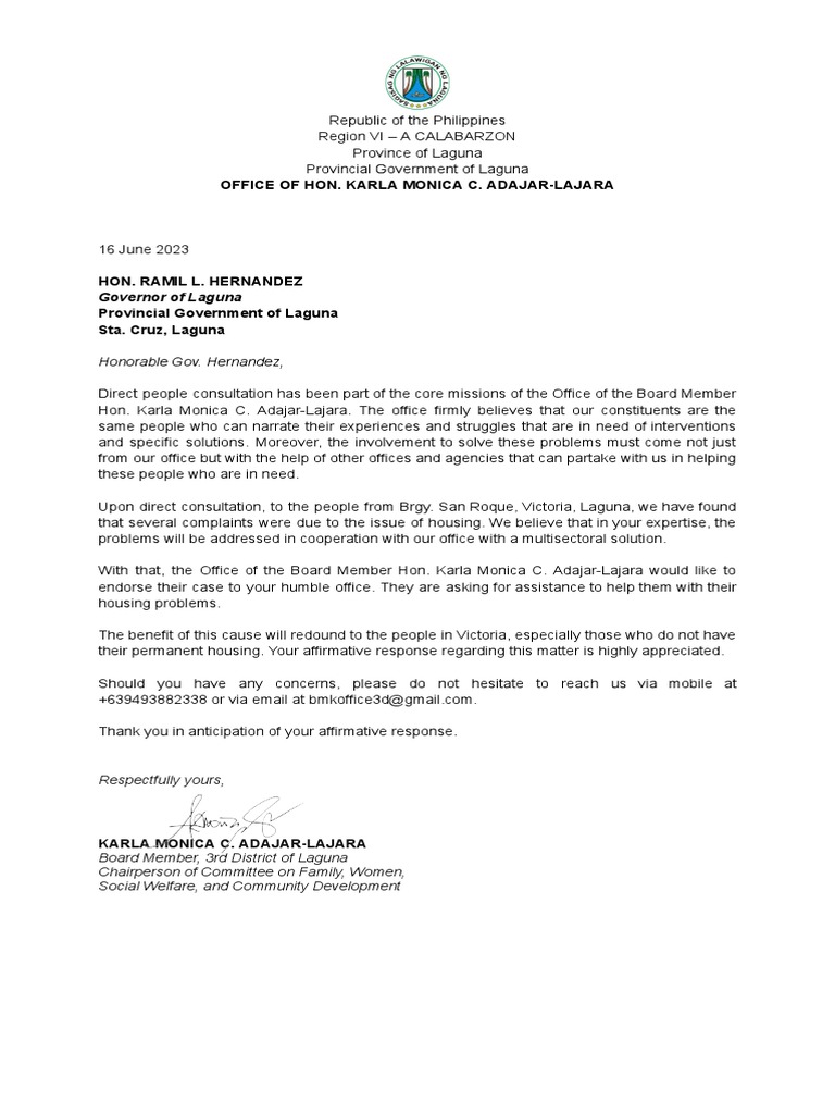 Letter To PUDHO - SanRoque - Victoria | PDF