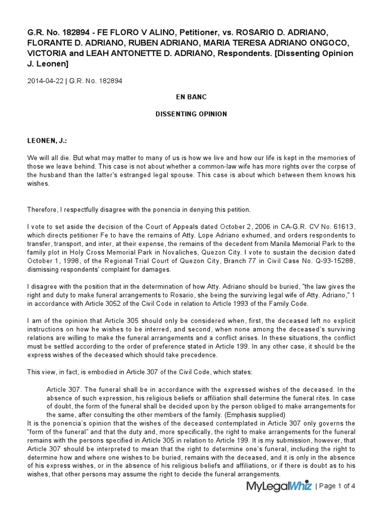 Fe Floro Valino S Rosario Adriano Dissenting Opinion J Leonen | PDF ...