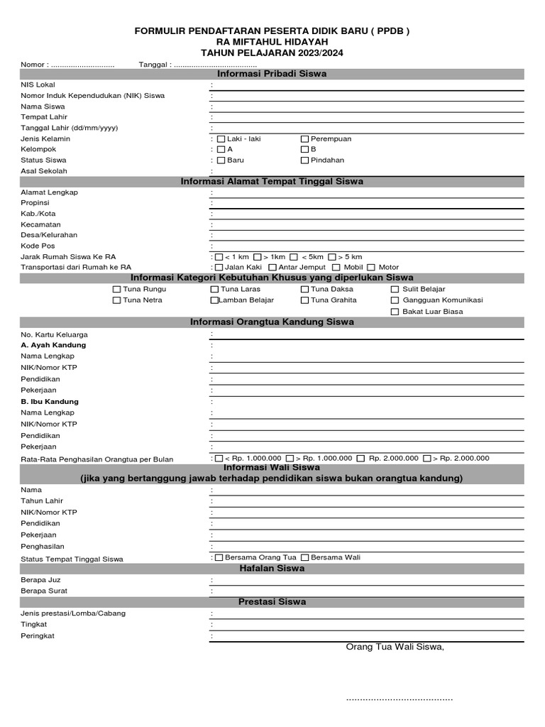Formulir PPDB RA Raudhatul Athfal | PDF