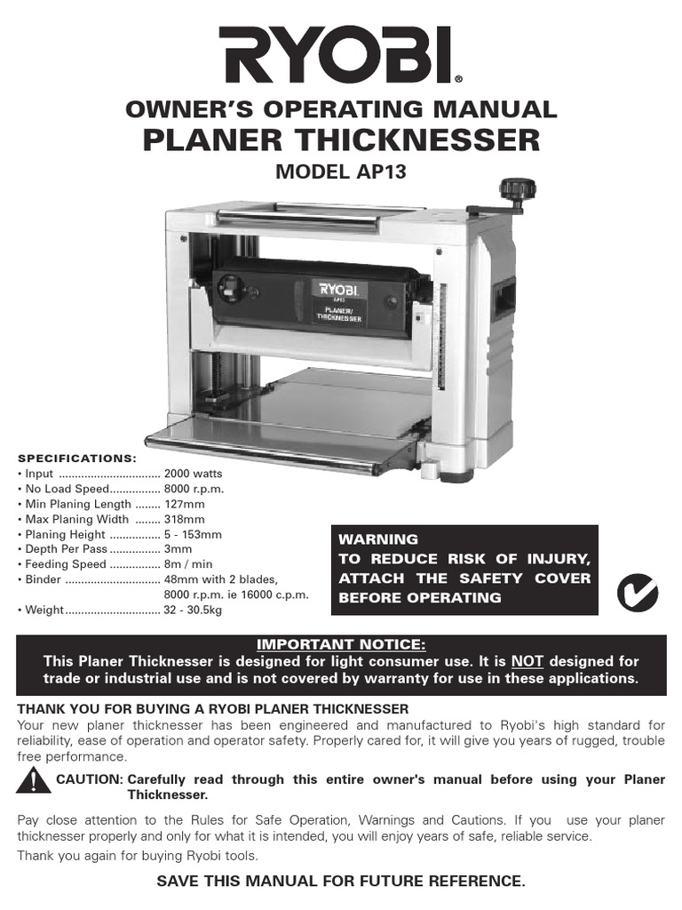 Ryobi AP13 Planer Thicknesser Manual | PDF | Safety | Glasses