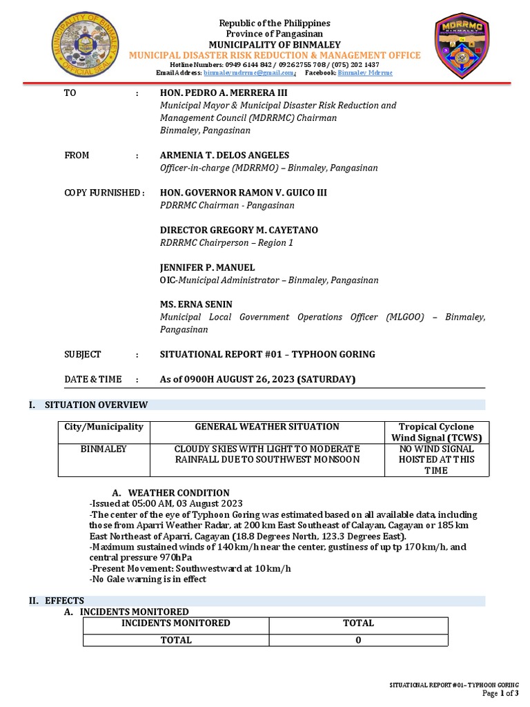 SITUATIONAL REPORT #01– TYPHOON GORING - Copy(1) | PDF | Storms ...