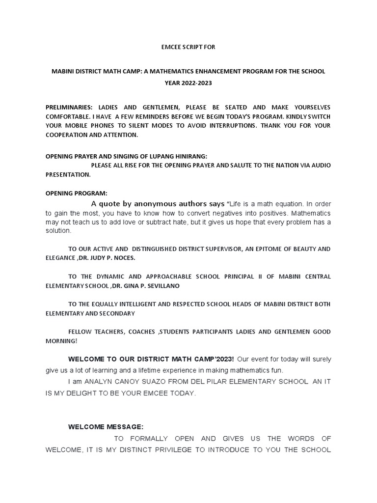 Emcee Script For Math Camp 2023 | PDF | Mathematics