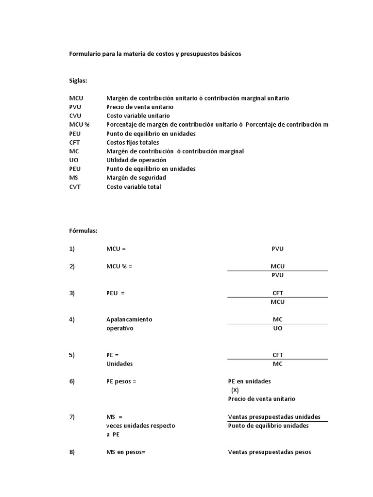 Formulario Materia Costos y Presupuestos Basicos Ebc | PDF | Costo de producción Teoría del ...