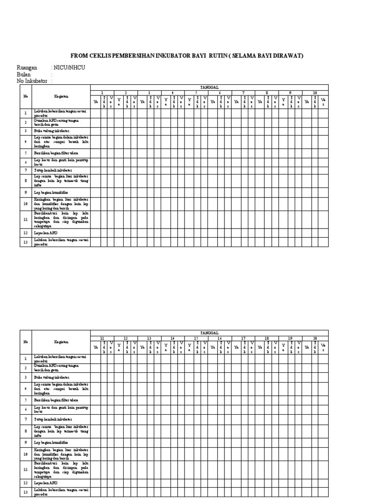 From - Ceklis - Pembersihan - Inkubator Rutin | PDF