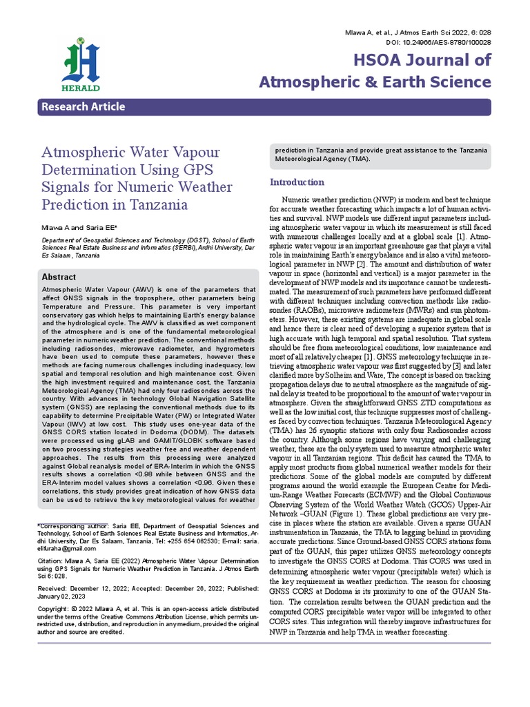 Atmospheric Water Vapour Determination Using Gps Signals For Numeric Weather Prediction in ...