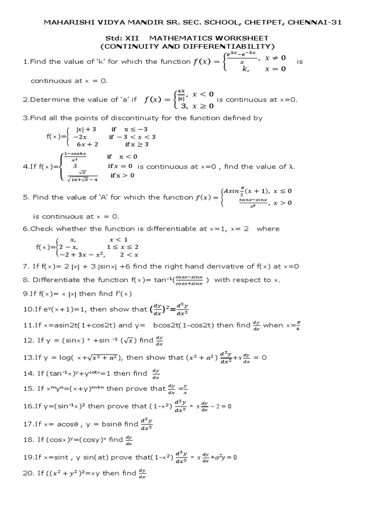 Xii Worksheet (Continuity & Diff) | PDF