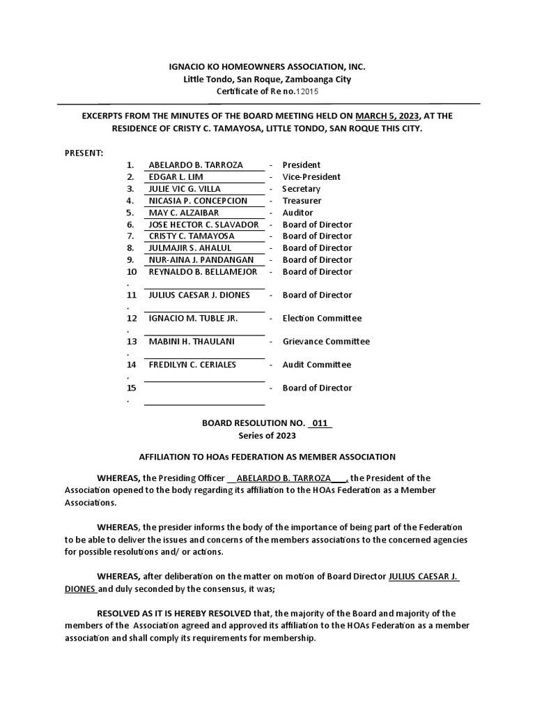 Board Resolution-Affiliation-Ignacio KO HOA, Inc. | PDF | Government ...