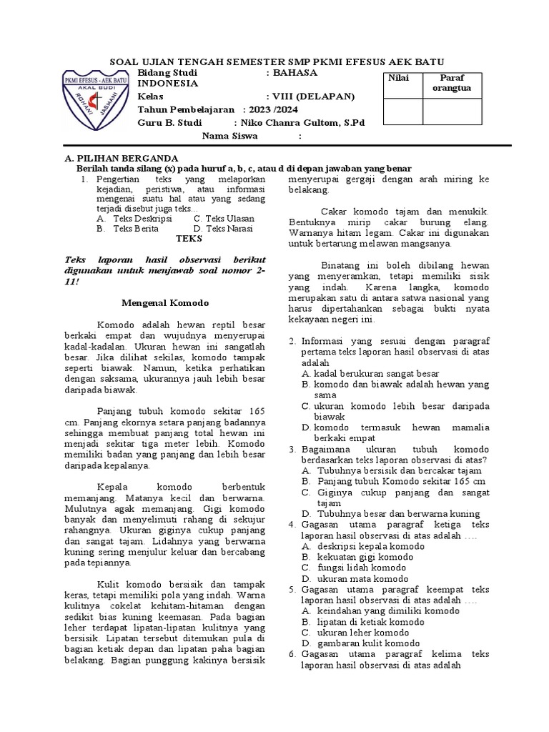 Soal Uts B.indo Kelas 8 - Kumer | PDF