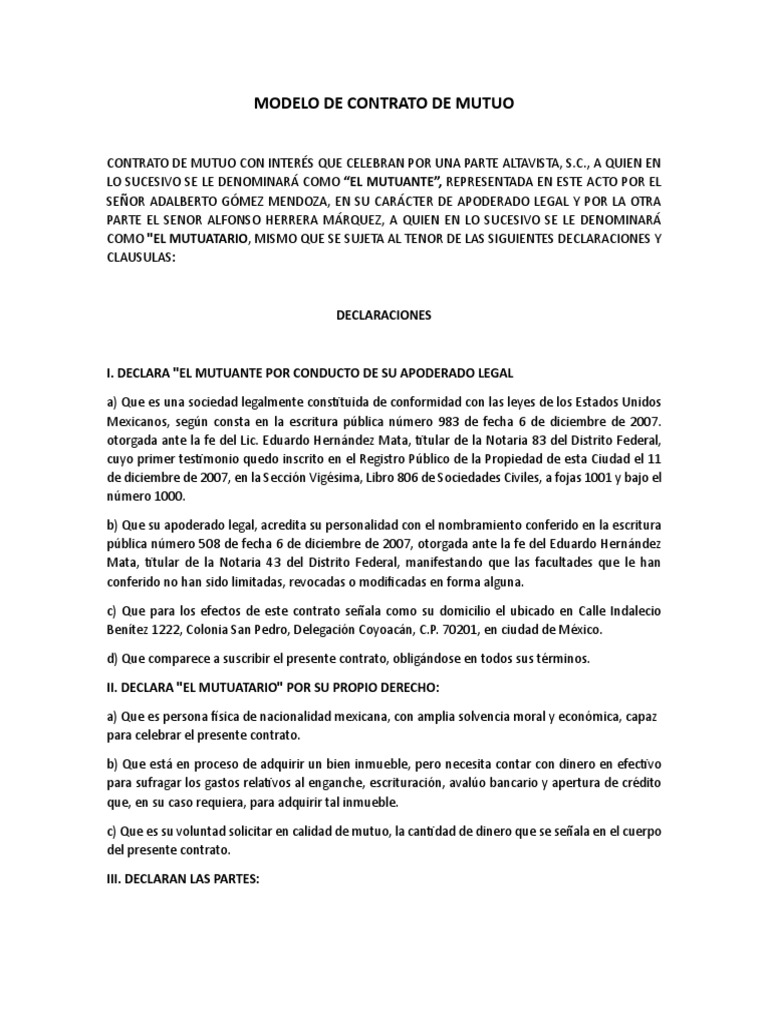 5 Modelo de Contrato de Mutuo | PDF | Economias | Derecho civil ...