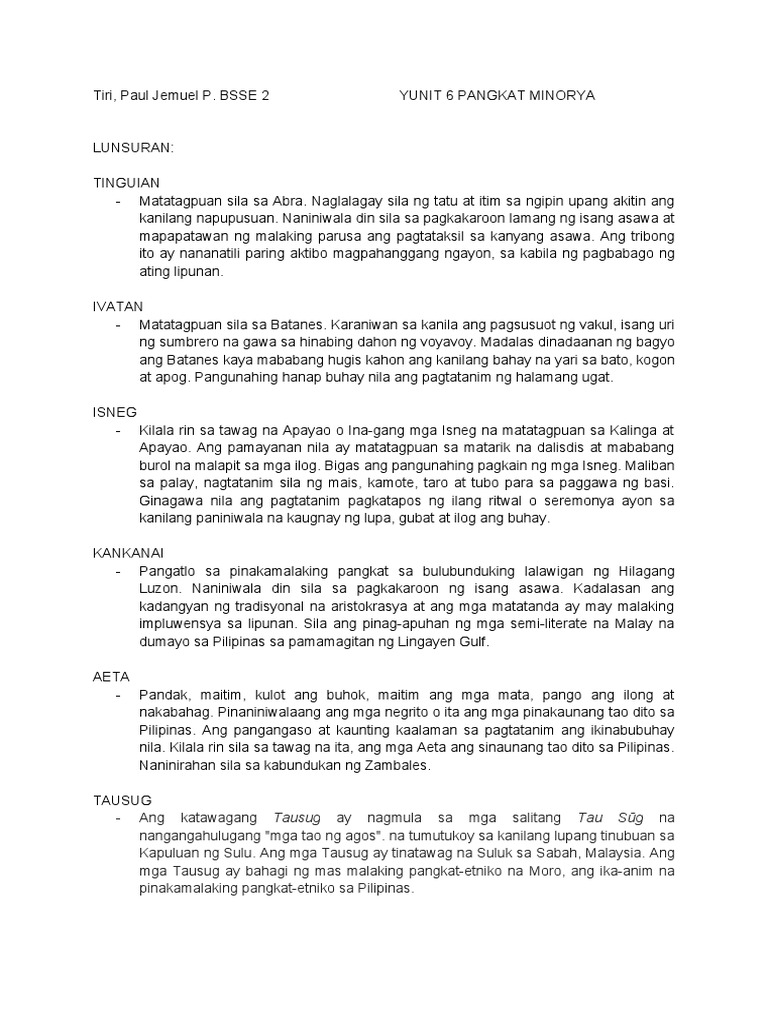 Tiri, Paul Jemuel P. BSSE 2 Yunit 6 Pangkat Minorya. | PDF