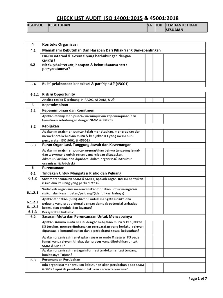 Checklist Audit ISO 14001 & 45001 | PDF