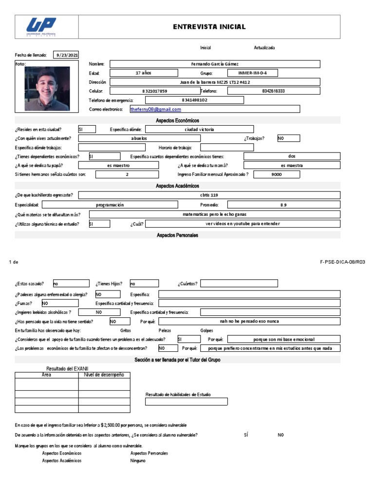 Formato Entrevista Inicial | PDF