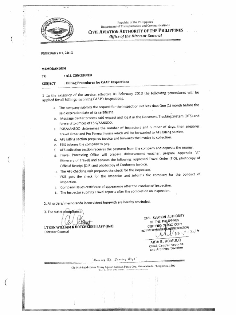 2013 February 01 - CAAP MEMO On Billing Procedures For CAAP Inspections ...