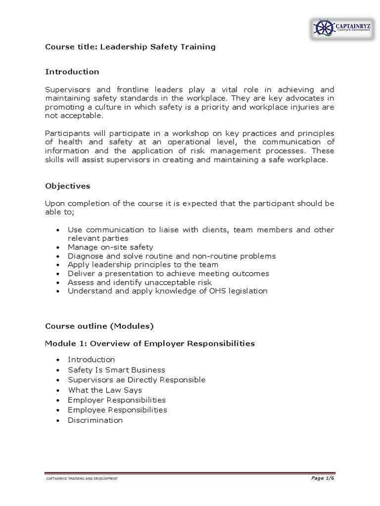 Leadership Safety Training Course Outline | PDF | Occupational Safety ...