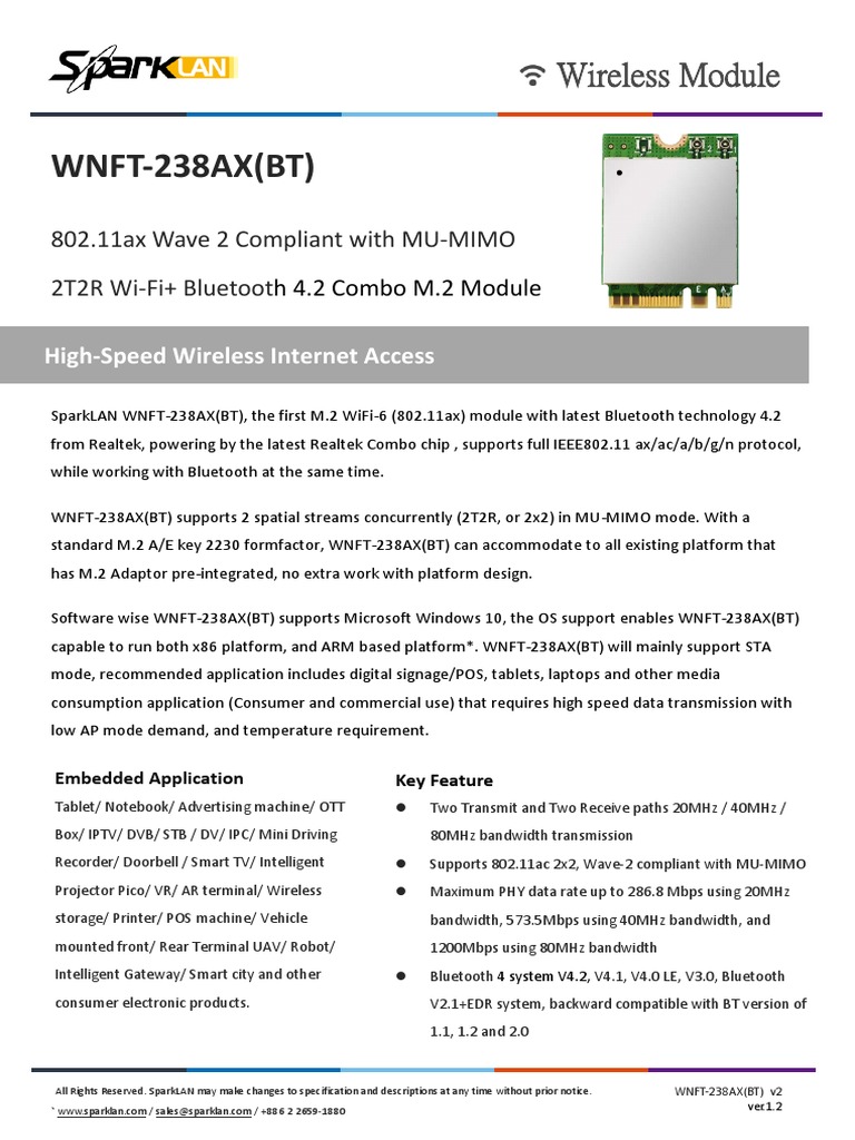 Realtek RTL8852BE Wi-Fi 6 Module Specs | PDF | Ieee 802.11 | Bluetooth
