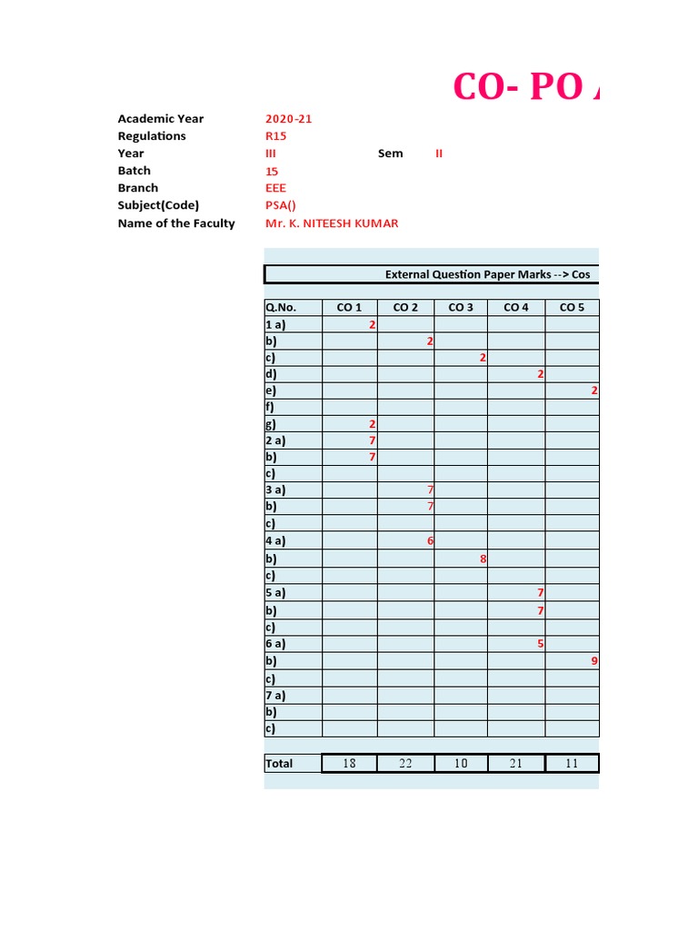 PSA 2018-19 CO-PO Calculation - With Year Wise Threshold | PDF