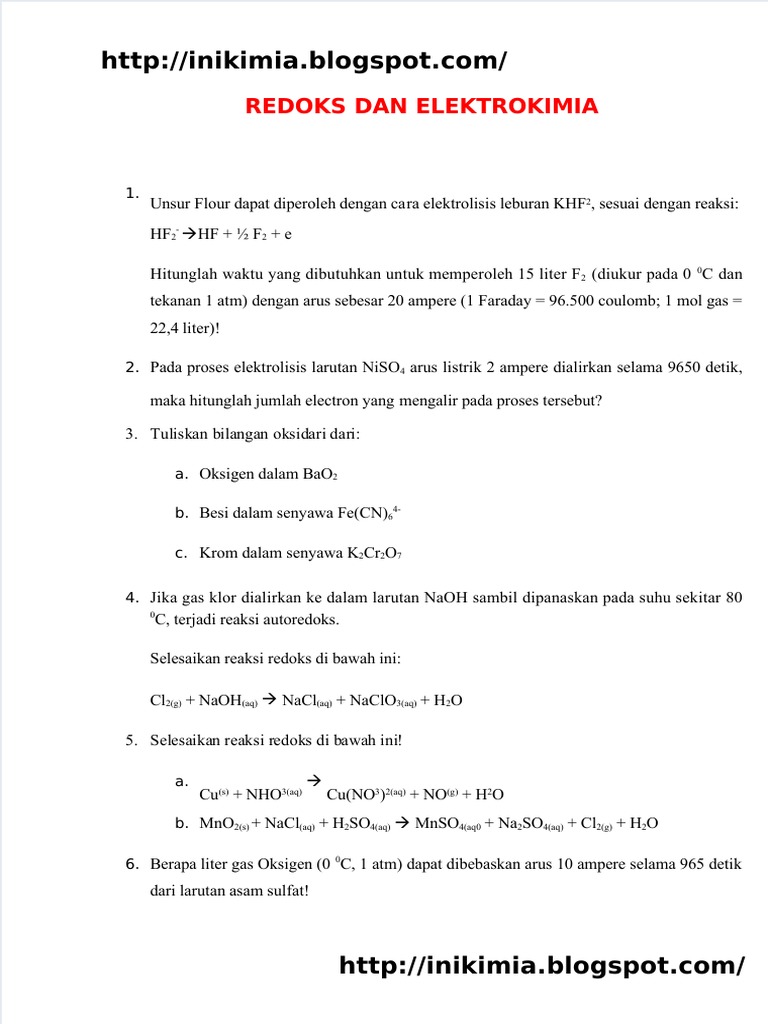 Dokumen - Tips - 32808524 Soal Redoks Dan Elektrokimia | PDF