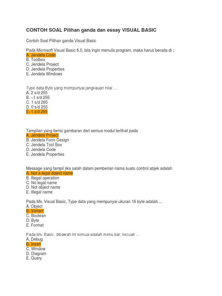 CONTOH SOAL Pilihan Ganda Dan Essay VISUAL BASIC | PDF