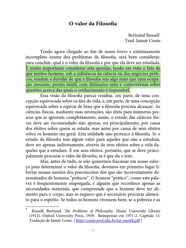 O Valor Da Filosofia Bertrand Russell | PDF