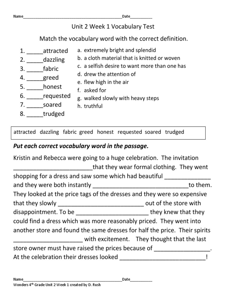 Put Each Correct Vocabulary Word in The Passage.: Name - Date | PDF ...