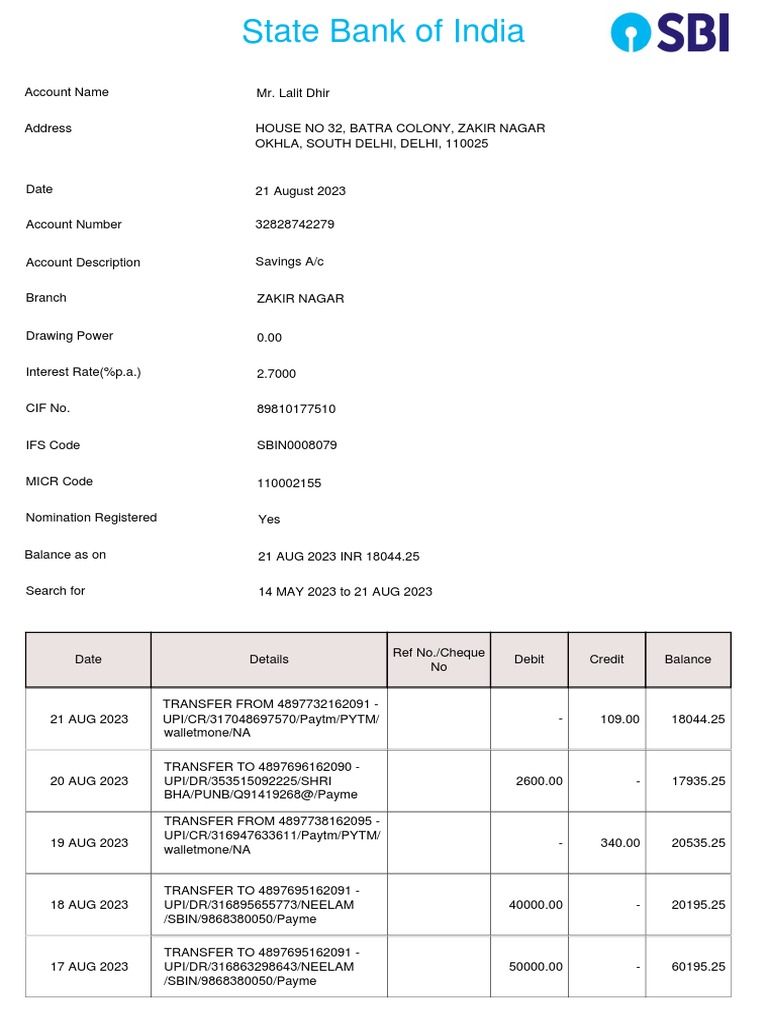 Sbi Statement Zakir Nagar | PDF | Payments | Debits And Credits