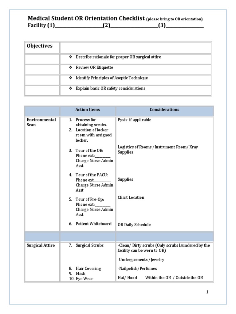Or Orientation Checklist | PDF | Surgery | Health Sciences