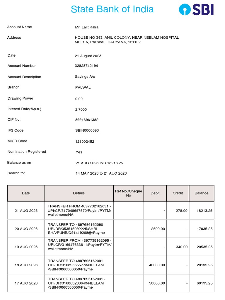 SBI Palwal Account Statement Summary | PDF