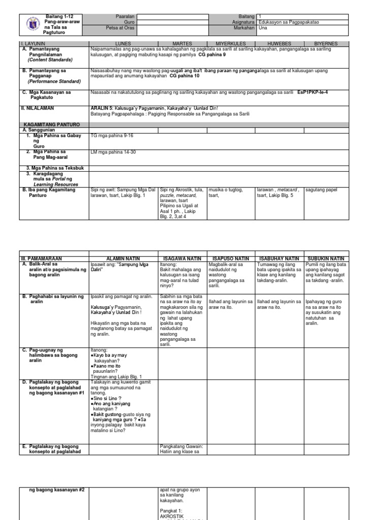EsP1 1st Q Aralin 5-DLL | PDF