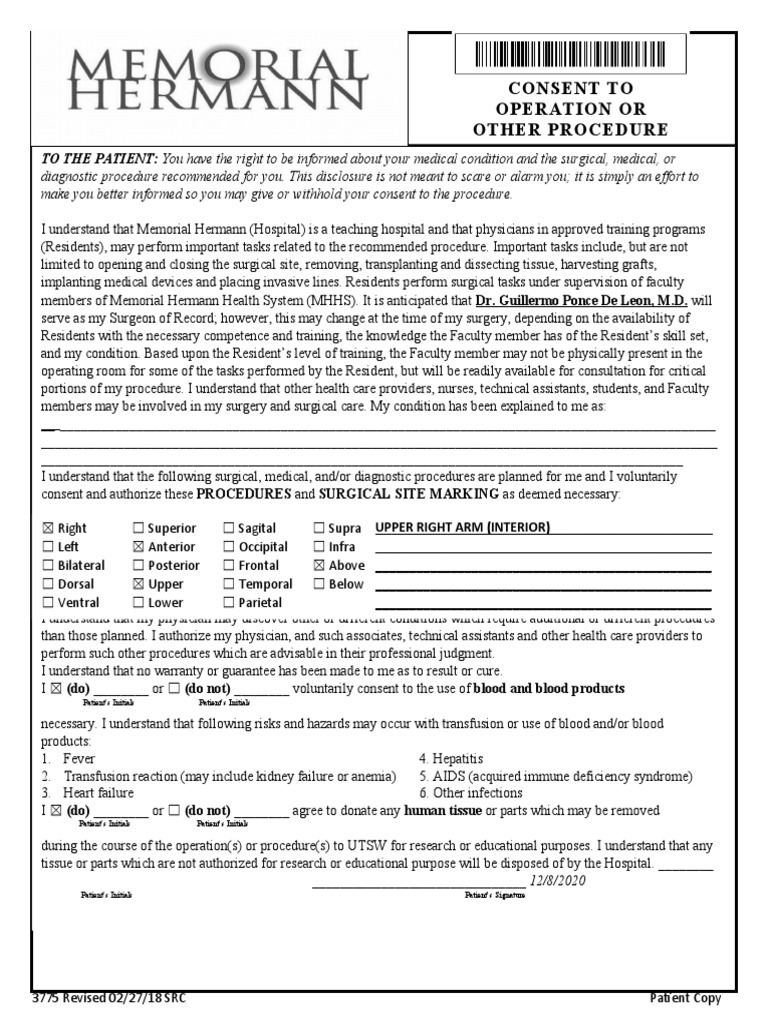 UT Southwestern Surgical Consent Form Template | PDF | Surgery | Blood ...