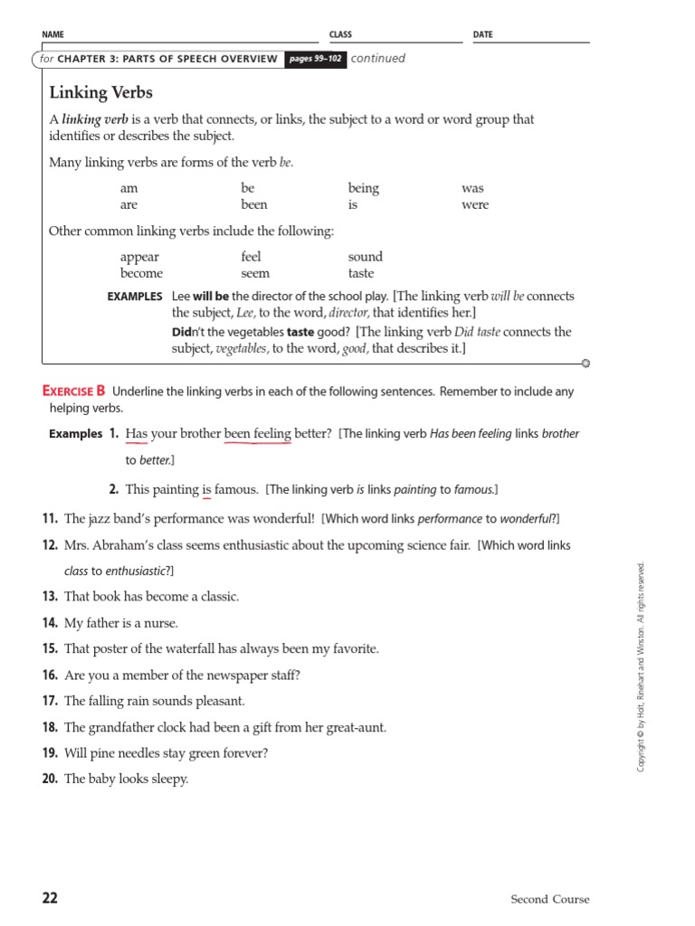 Linking Verbs Lesson From The Book | PDF | Verb | Semantic Units