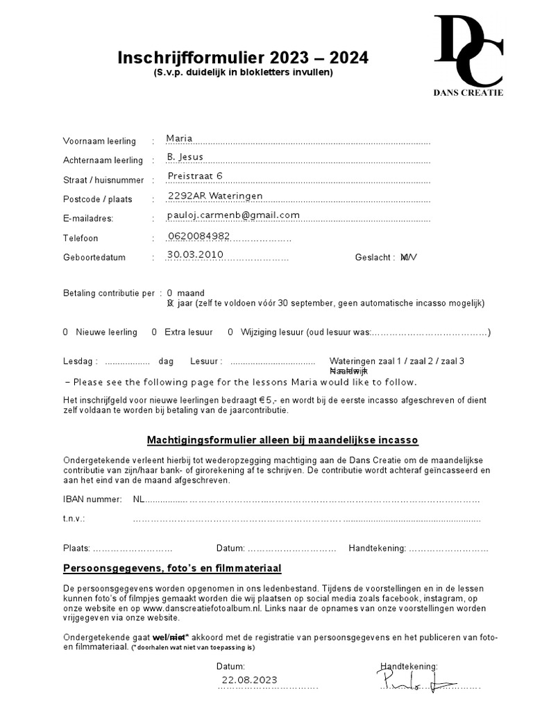 Inschrijfformulier 2023 2024 MariaBJesus | PDF