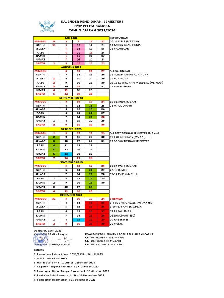 KALENDER PEND SMT I Dan II PB 2023-2024 | PDF