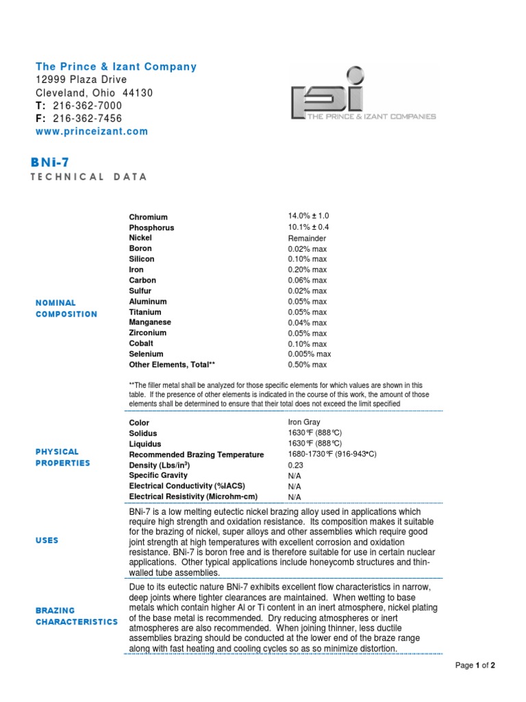 BNi-7 TDS | PDF | Alloy | Chemical Elements