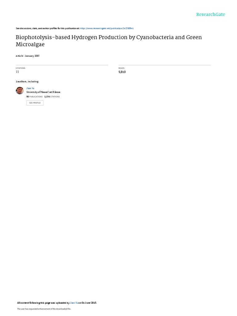 Biophotolysis-Based Hydrogen Production by Cyanoba | PDF | Hydrogen ...