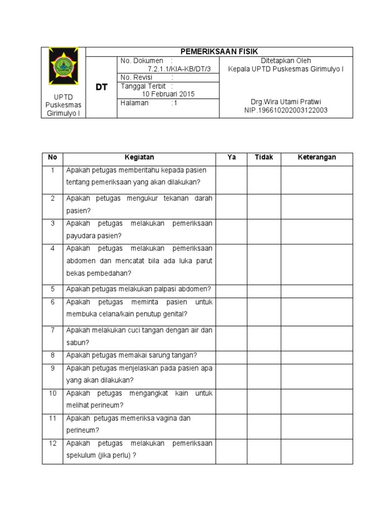 7.2.1.1 Daftar Tilik Pemeriksaan Fisik | PDF