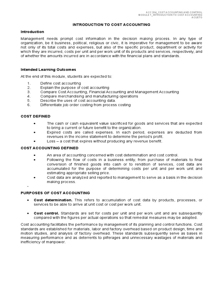 Module 1 - Introduction To Cost Accounting | PDF | Cost Accounting | Cost