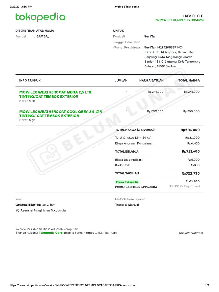 Invoice - Tokopedia Mock Up Cat | PDF
