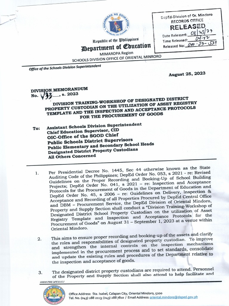 DM133 Division Training-Workshop of Designated District Property ...