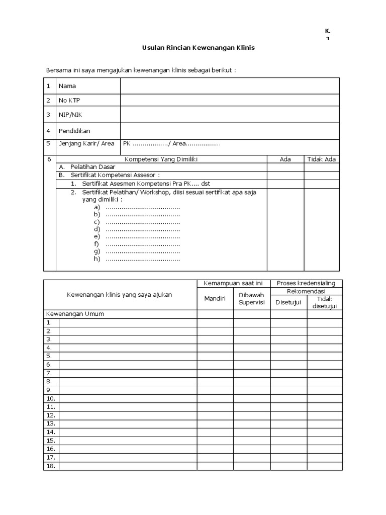 Form Usulan Rincian Kewenangan Klinis | PDF