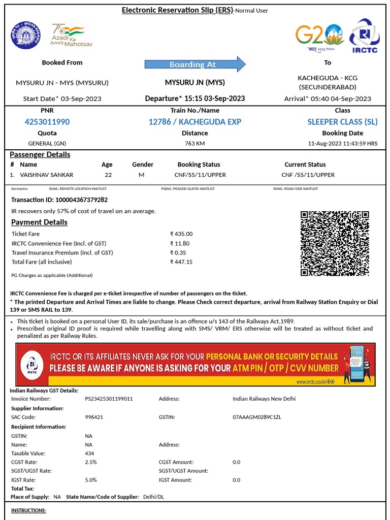 Kacheguda Exp Sleeper Class (SL) | PDF | Identity Document