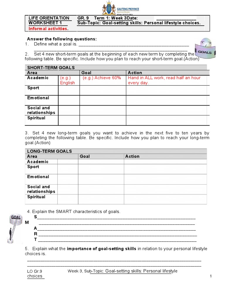 Gr. 9, Term 1, Week 3 Goal-Setting Skills, Personal Lifestyle Choices ...