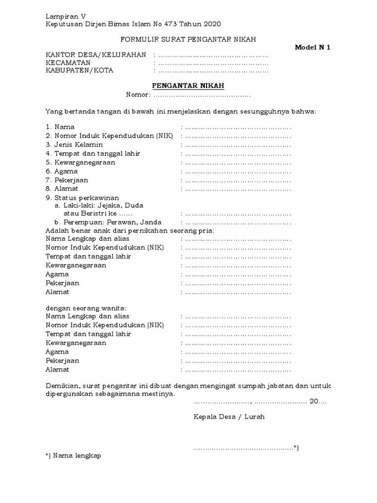 Formulir Pengantar Nikah Model N1 | PDF