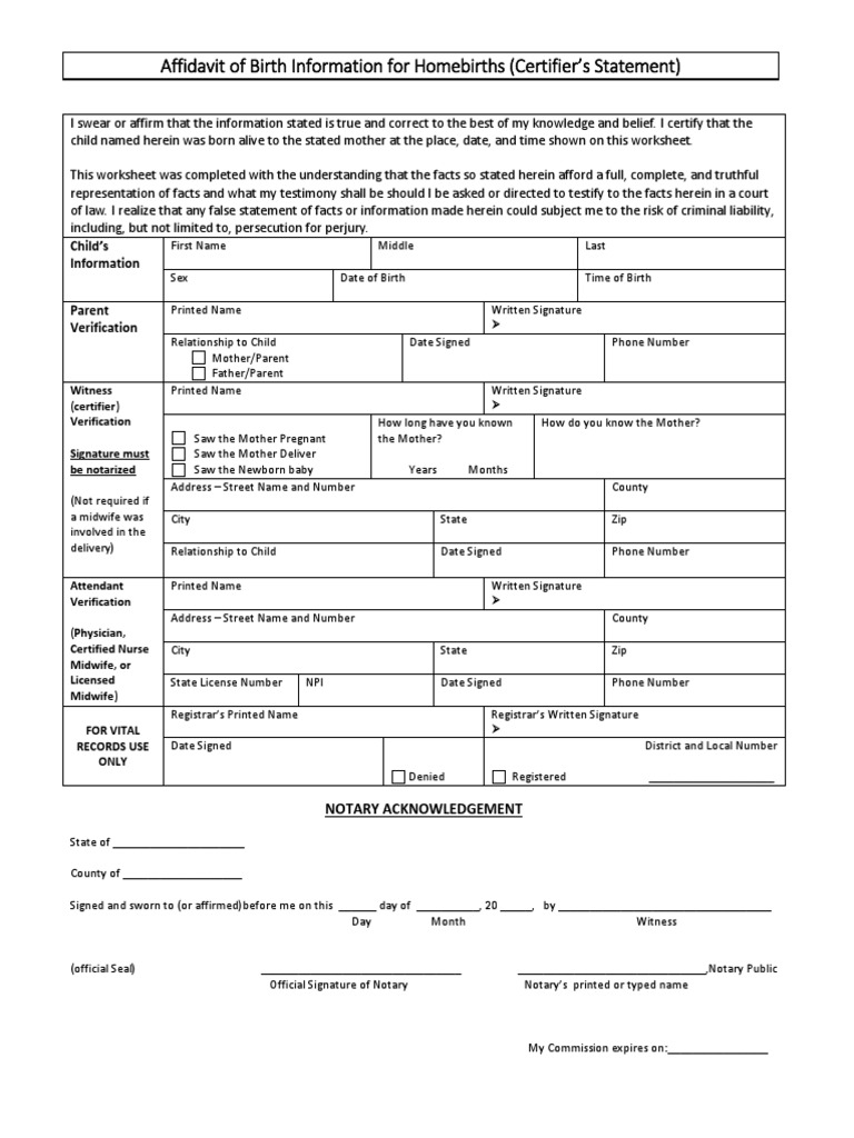 Affidavit of Birth Information Homebirths | PDF | Affidavit | Notary Public