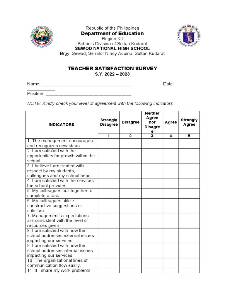 Teacher's Satisfaction Survey 2023 | Download Free PDF | Teachers ...