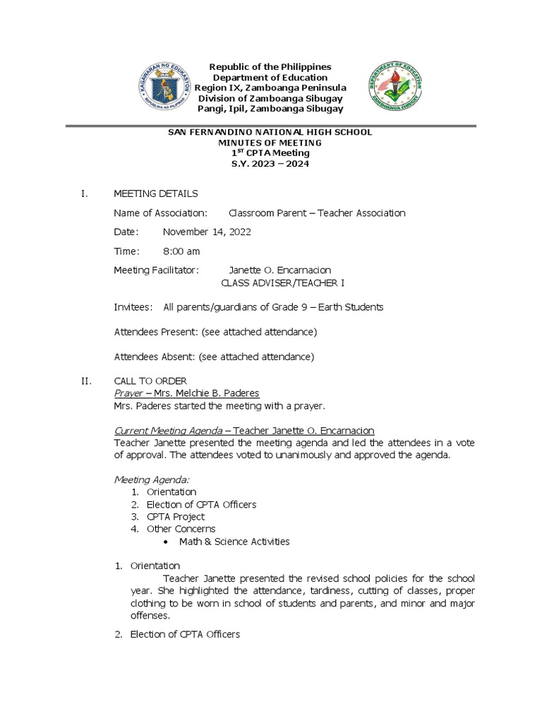 Example of Classroom Parent-Teacher Association Minutes | PDF | Career ...
