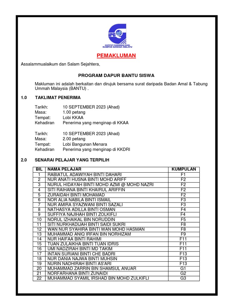 Pemakluman JHEP Dapur Bantu Siswa 2023 | PDF