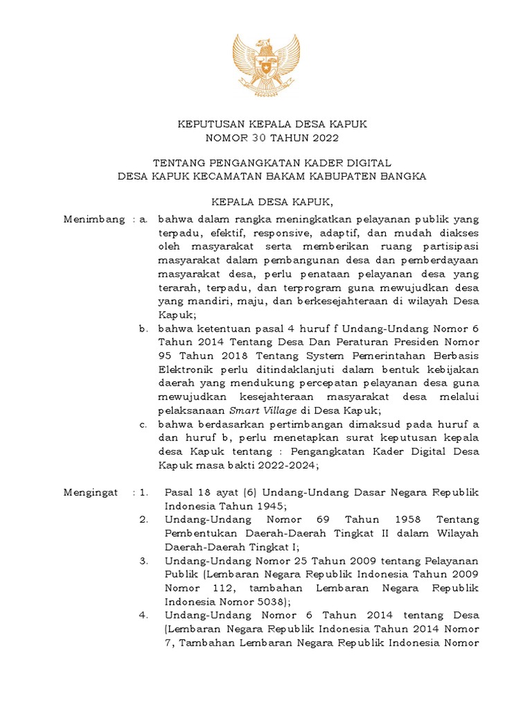 Draft SK Kades Pengangkatan Kader Digital 2022 | PDF