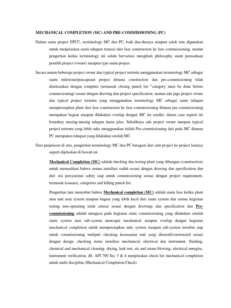 Mechanical Completion (MC) and Precomm | PDF