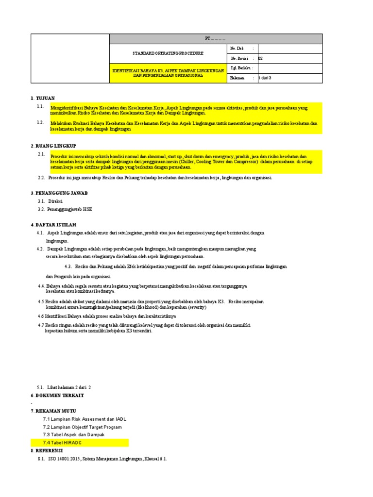 SOP Identifikasi Bahaya K3, Aspek Lingkungan Dan Pengendalian Operasional | PDF