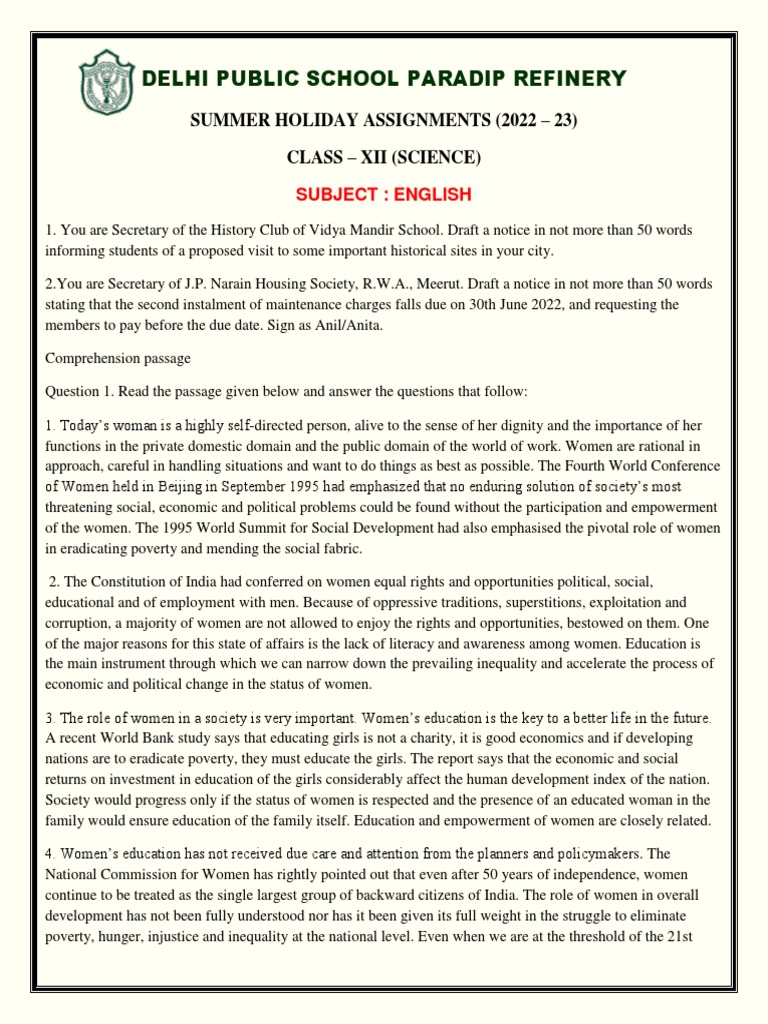 CLASS 12 Science SUMMER ASSIGNMENT | PDF